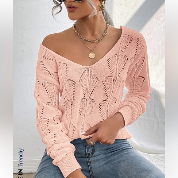 SHEIN | Sweaters | Nwot Pink V Neck Sweater From Shein Sz Med Eyelet ...